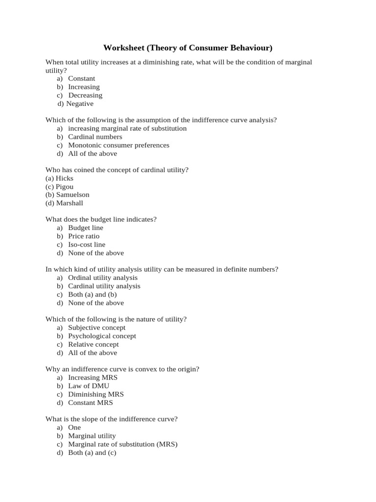 Consumer Behaviour Worksheet | PDF | Utility | Microeconomics