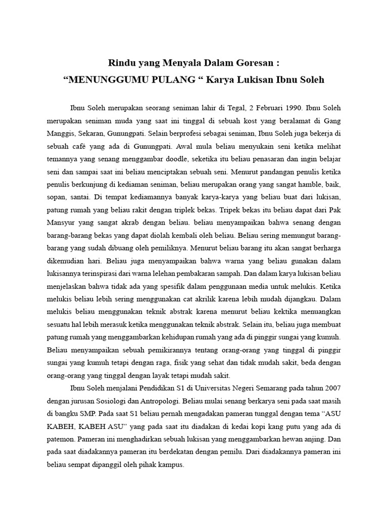 ESSAY (Rindu Yang Menyala Dalam Goresan "Menunggumu Pulang" Karya Lukisan Ibnu Soleh ...