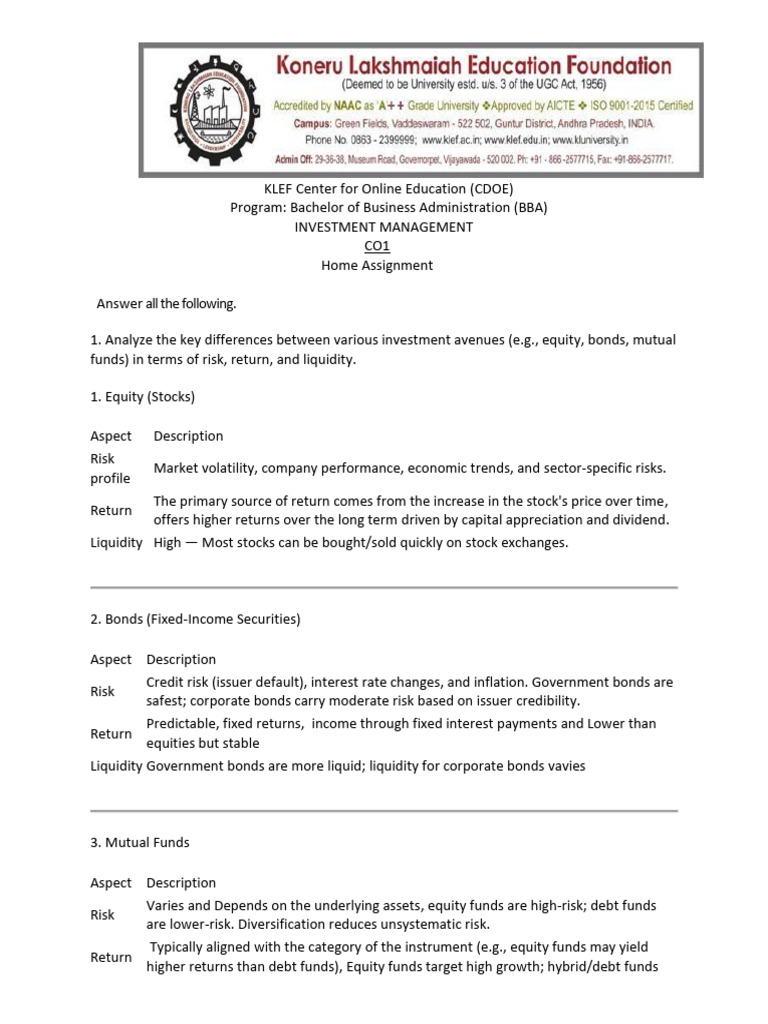 Co1 and Co2 Home Assignment Investment MGT | PDF | Technical Analysis | Bonds (Finance)