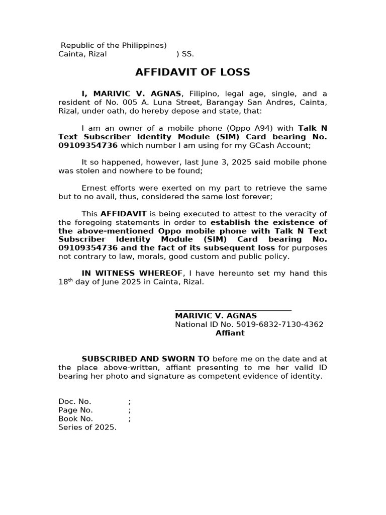 Aff. of Loss SIM Card With Gcash | PDF