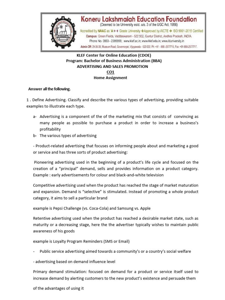 Co1 and Co2 Home Assignment Advertising | PDF | Advertising | Marketing