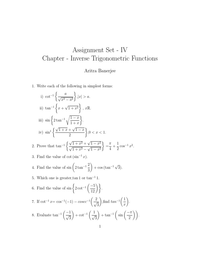 Assignments On Inverse Trigonometric Functions | PDF | Calculus | Euclid