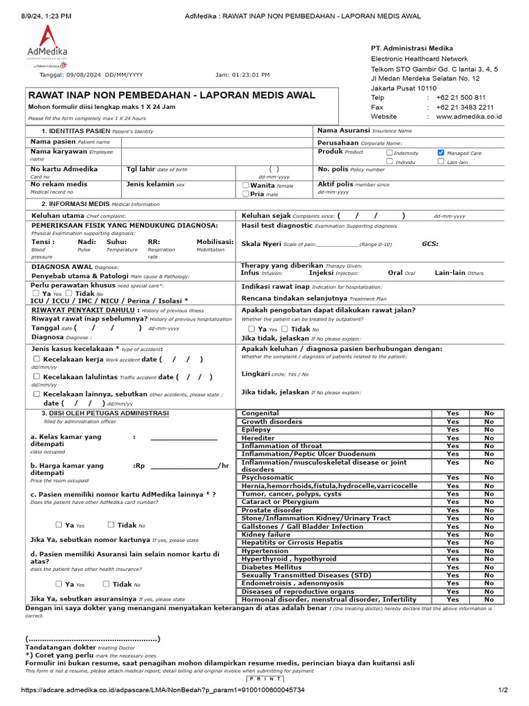 04 Form Blank - Admedika Manage Care - Ranap Non Bedah | PDF | Medicine ...
