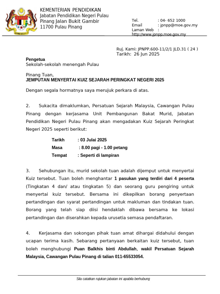 Jemputan Menyertai Kuiz Sejarah Peringkat Negeri 2025 | PDF