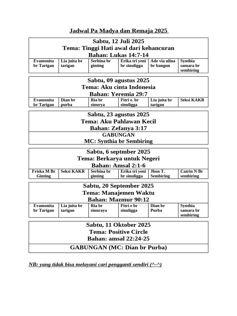 Jadwal Pa Madya Dan Remaja 2025 | PDF