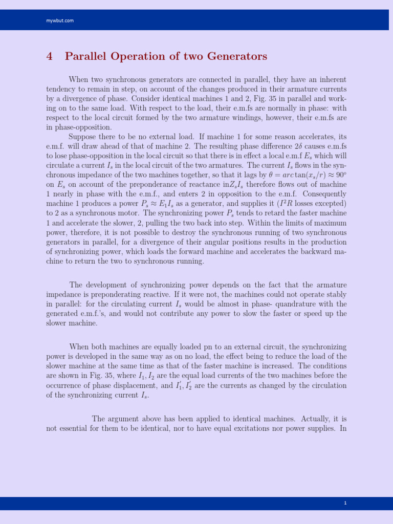 Parallel Operation of Two Generators | PDF | Electric Generator ...