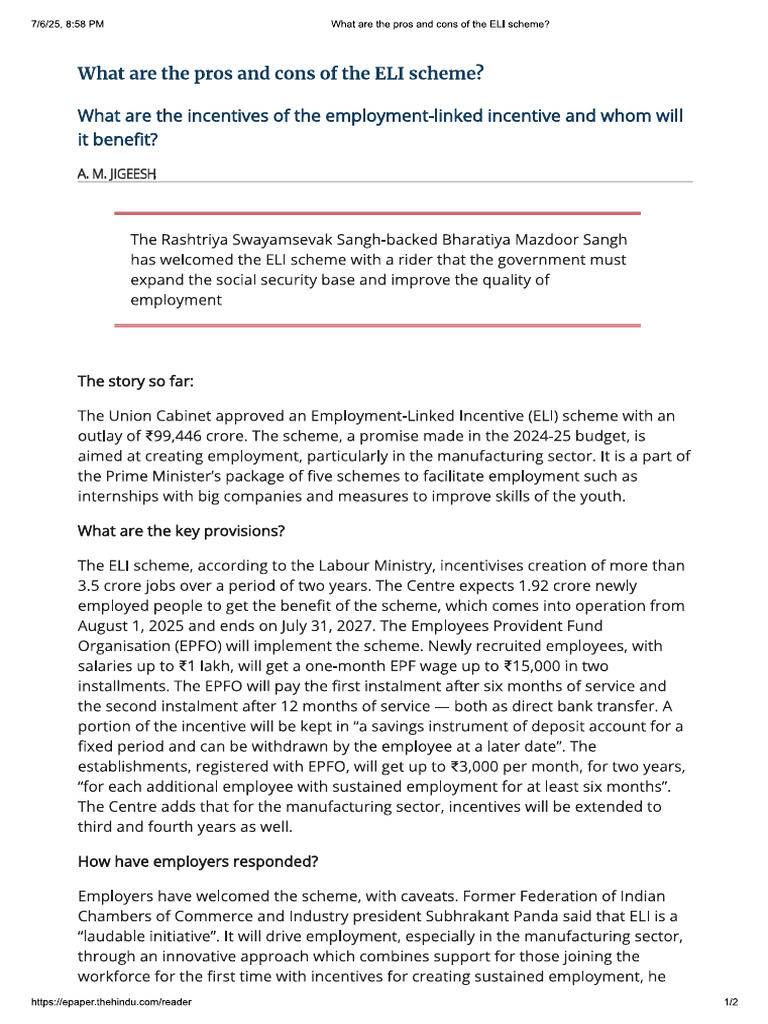 Pros and Cons of Employment Linked Incentive Scheme 060725 | PDF