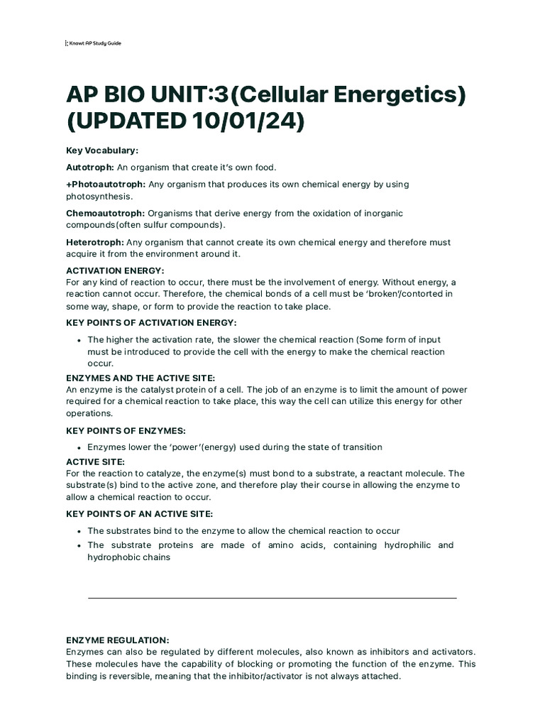 AP Bio Unit - 3 (Cellular Energetics) (Updated 10-01-24) | PDF ...