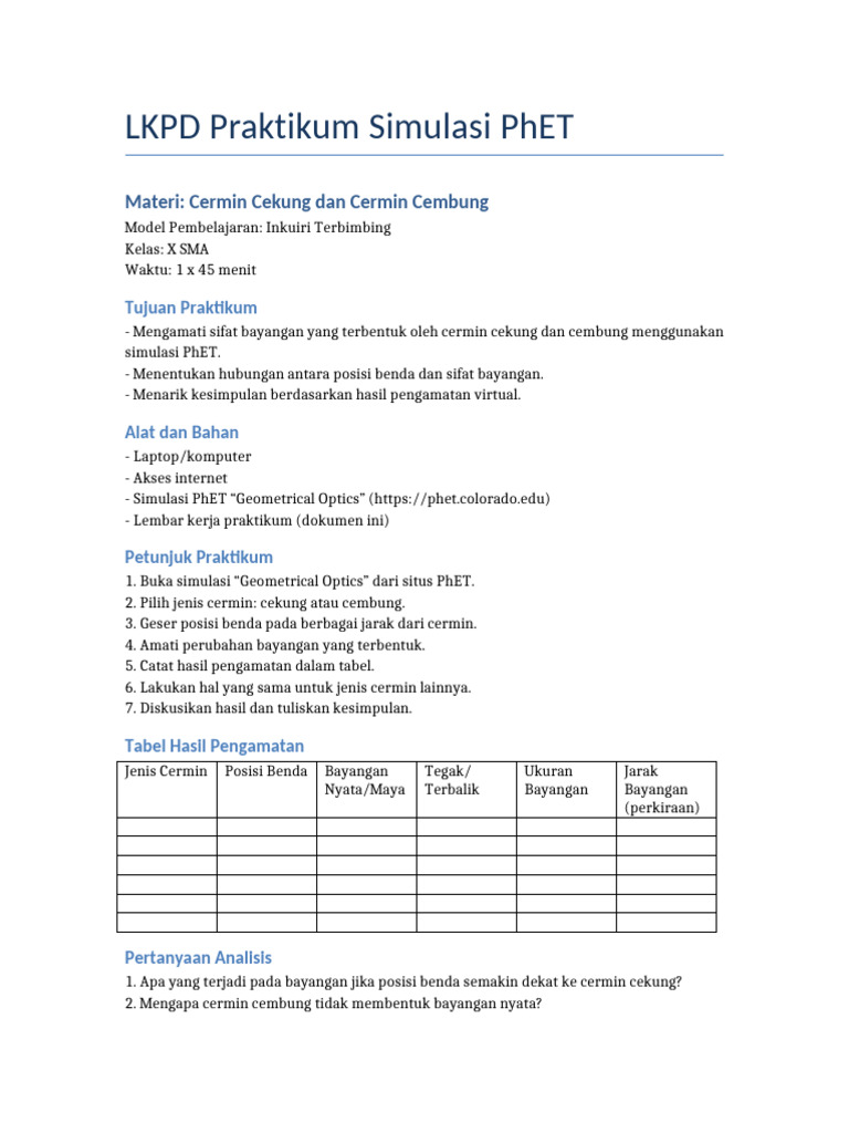 LKPD Praktikum PhET Cermin Cekung Dan Cembung | PDF