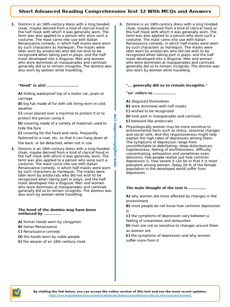 875 - Short Advanced Reading Comprehension Test 32 With Mcqs and ...