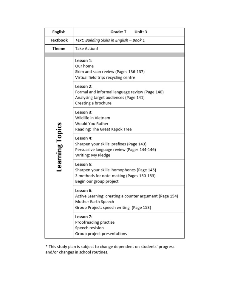 Grade 7 - Unit 3 - Study Plan | PDF