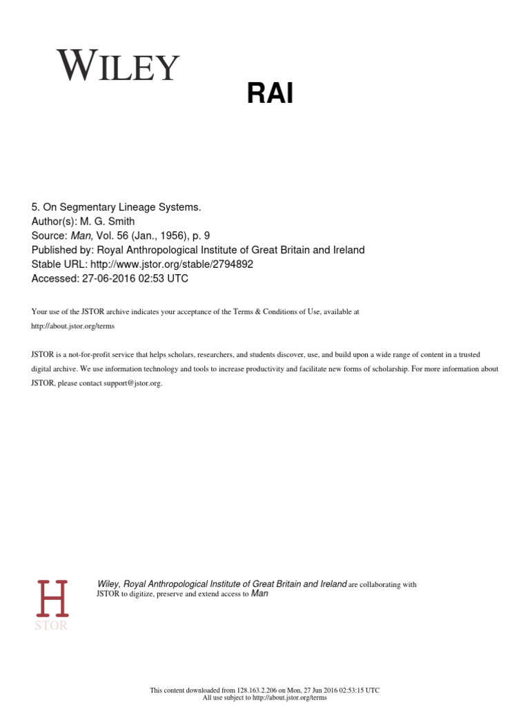 M G Smith - 5 On Segmentary Lineage Systems (Man, 56 ) | PDF | Kinship ...