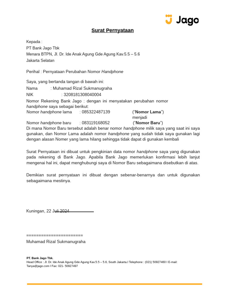 Surat Pernyataan Permohonan Perubahan Data Nomor Handphone Dalam Negeri 1 | PDF