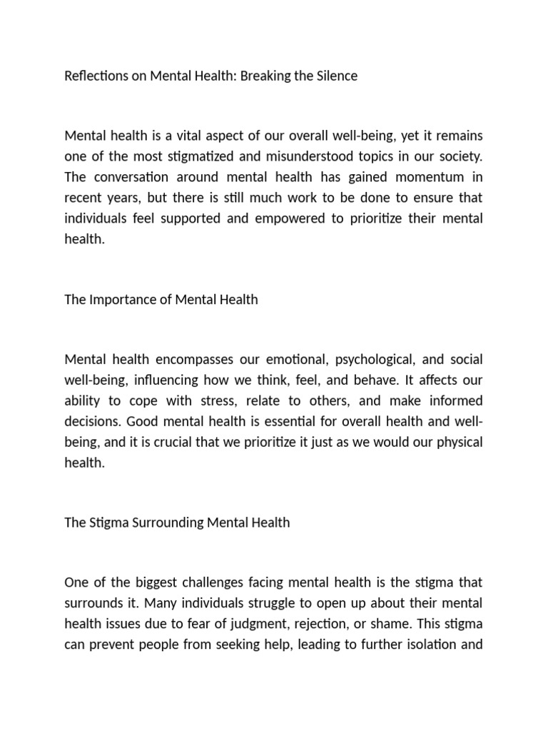 Reflections On Mental Health | PDF | Mental Health | Social Stigma