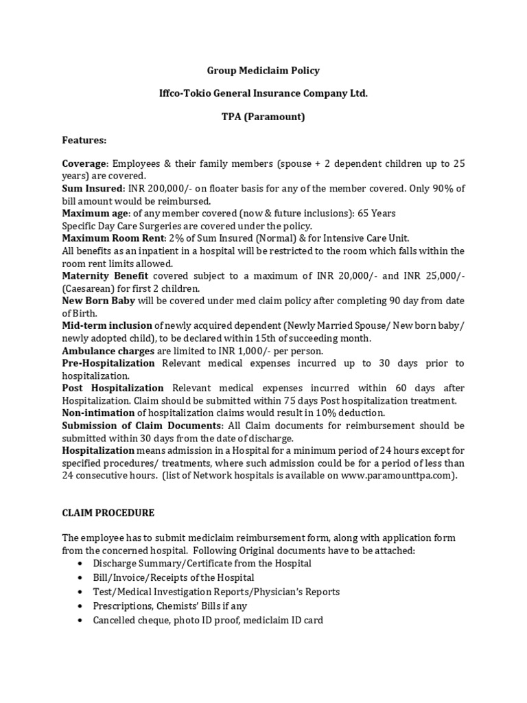 Iffco-Tokio Group Mediclaim Policy Guide | PDF | Hospital | Insurance