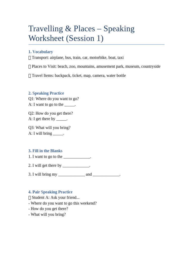 Travel Speaking Worksheet for Beginners | PDF