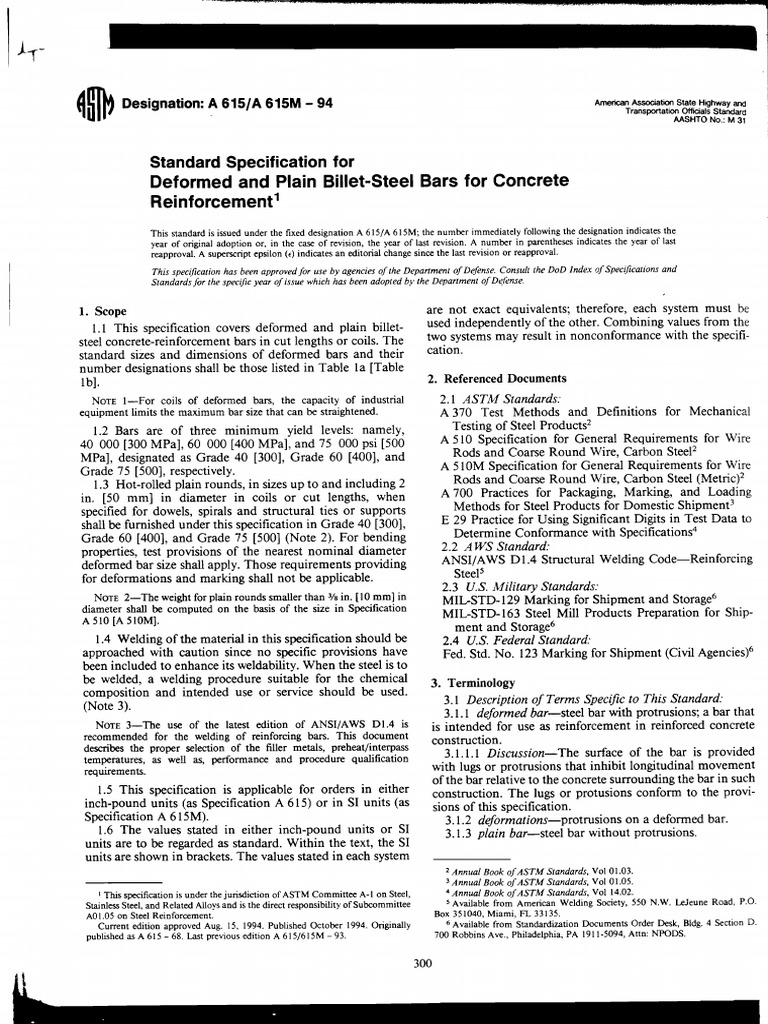 ASTM A 615 (Deform & Plain Billet Steel Bars For Concrete) | PDF