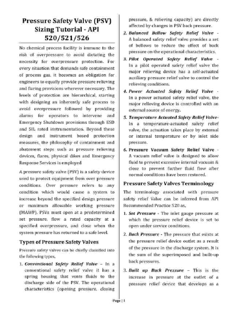 Pressure Safety Valve Sizing API 520 521 526 1704352901 | PDF