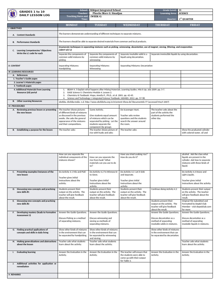 Grade VI Science: Separating Mixtures | PDF | Learning