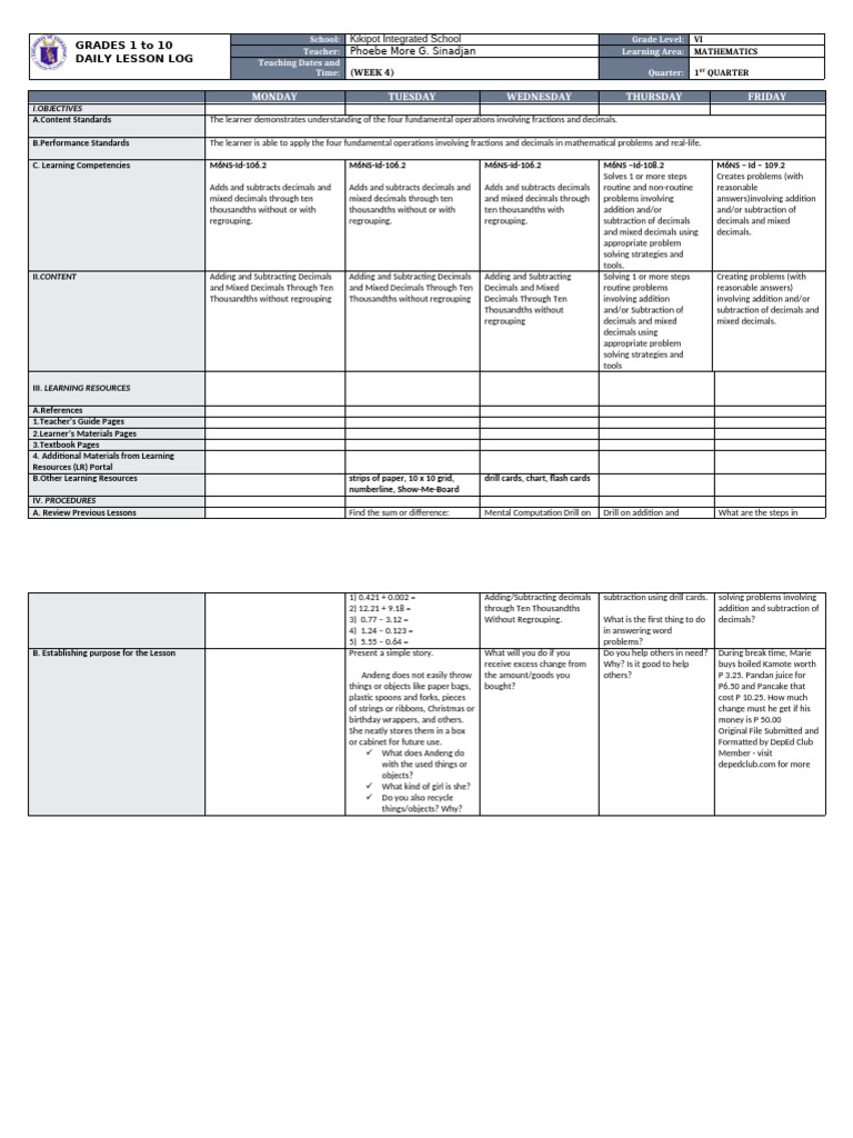 DLL Mathematics 6 q1 w4 | PDF | Subtraction | Decimal