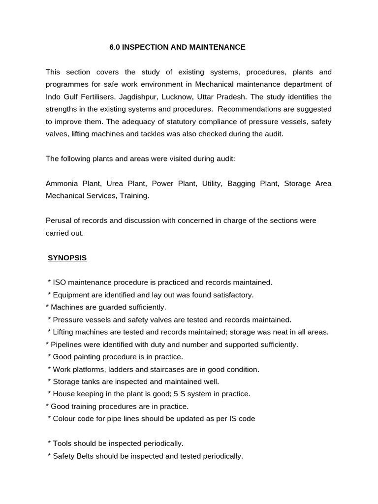 Mechanical Maintenance Safety Audit Report | PDF | Boiler | Personal ...