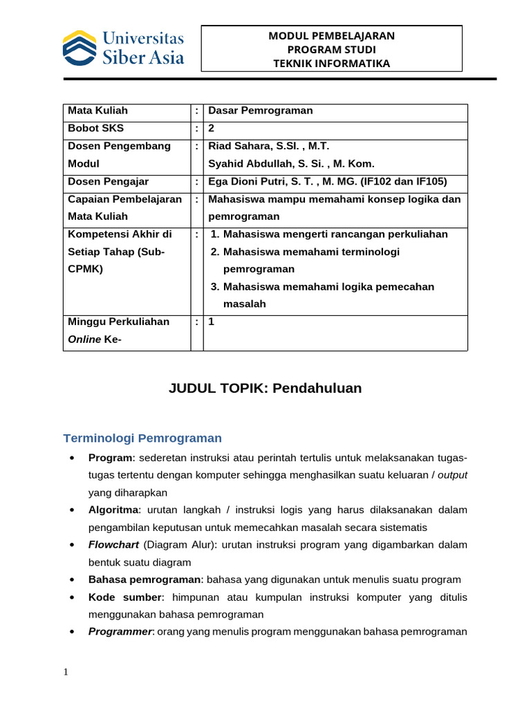 MODUL 200301204 Dasar Pemrograman Sesi 1 | PDF