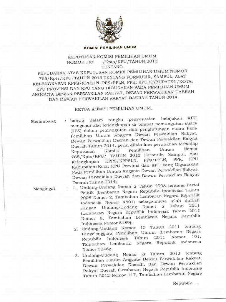 Kpts Kpu No 931 Tahun 2013 TTNG Formulir Sampul Serta Alat Kelengkapan ...
