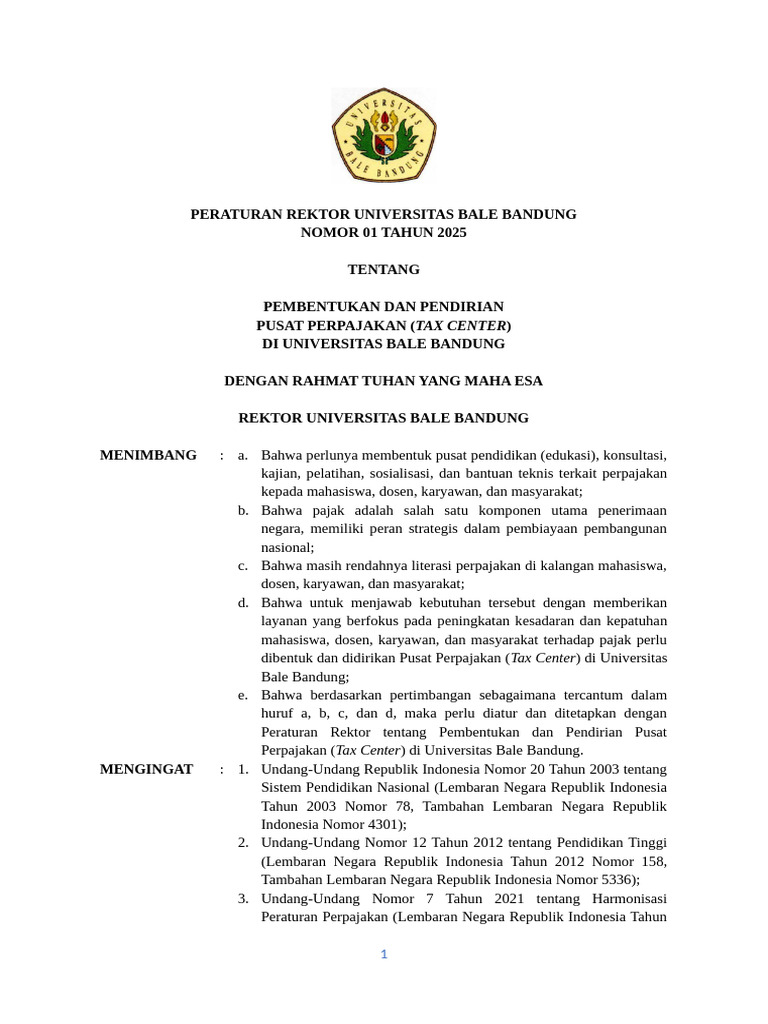 Peraturan Rektor Universitas Bale Bandung Tentang Tax Center | PDF
