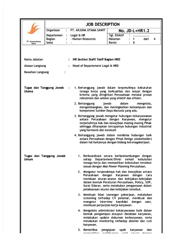 Job Description PT. Arjuna Utama Sawit | PDF