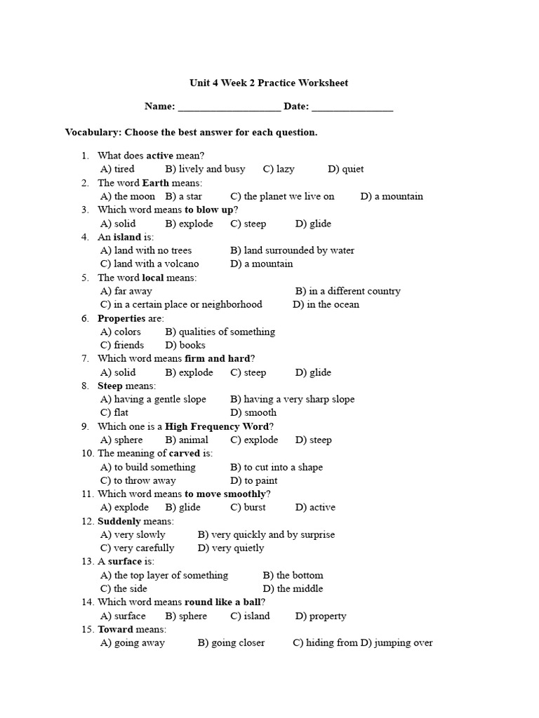 Wonder G2 - Unit 4 Week 2 Practice Worksheet | PDF | Volcano | Lava