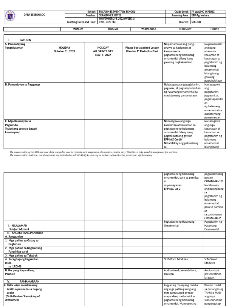 DLL Epp4 Agri w1 Nov. 2 42022 Exam | PDF