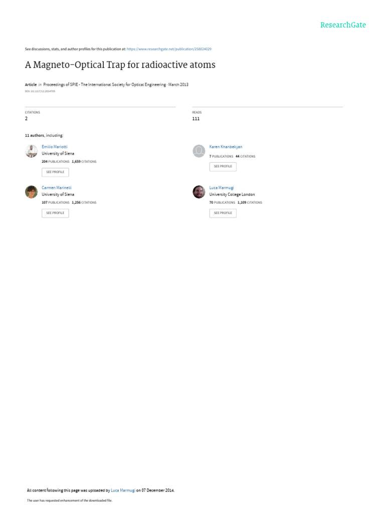 A Magneto Optical Trap For Radioactive Atoms | PDF | Electron | Laser