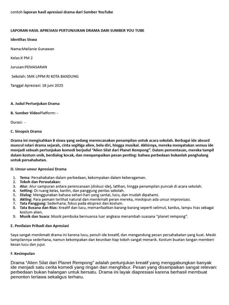 Contoh Laporan Hasil Apresiasi Drama Dari Sumber YouTube - Docx - 20250622 - 174955 - 0000 | PDF