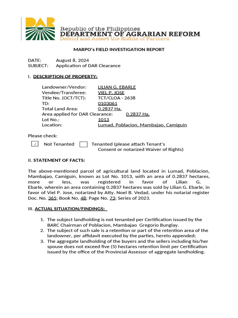 Field Investigation Report 2024 | PDF | Affidavit | Civil Law (Common Law)