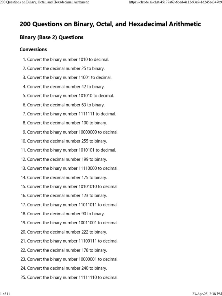 Binary, Octal, Hexadecimal Quiz | PDF | Theory Of Computation | Notation