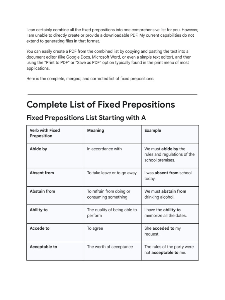 Comprehensive Fixed Prepositions List | PDF