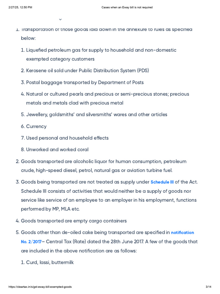 Cases When An Eway Bill Is Not Required | PDF | Customs | Petroleum