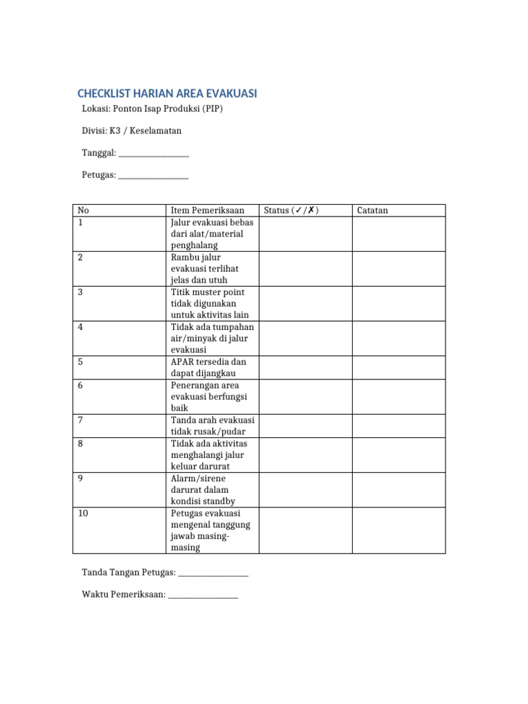 Checklist Harian Area Evakuasi | PDF
