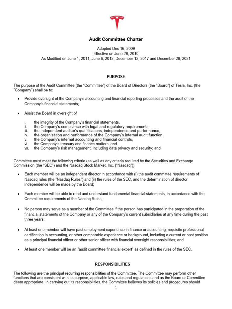Tesla Audit Committee Charter Overview | PDF | Audit | Internal Control