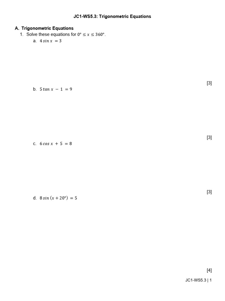 JC1-WS5.3 Trigonometric Equations | PDF