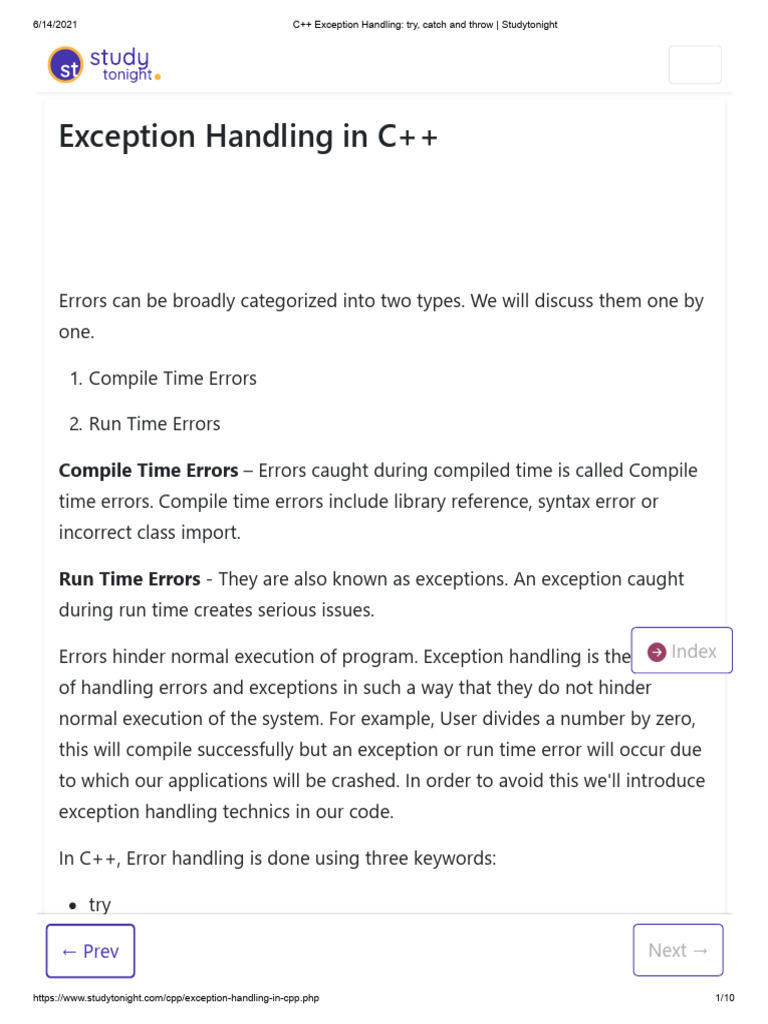 Lec 9-C++ Exception Handling - Try, Catch and Throw - Studytonight | PDF | C++ | Computer ...
