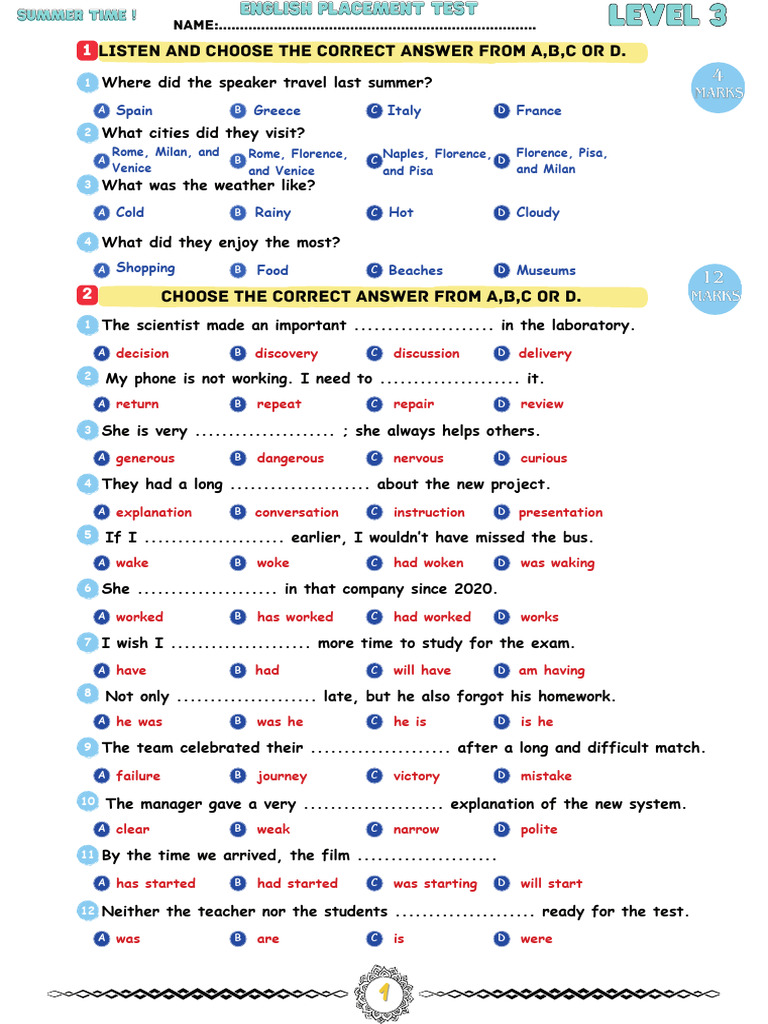 English Placement Test (Level 3) Mr. Mahmoud Goda | PDF | Climate ...