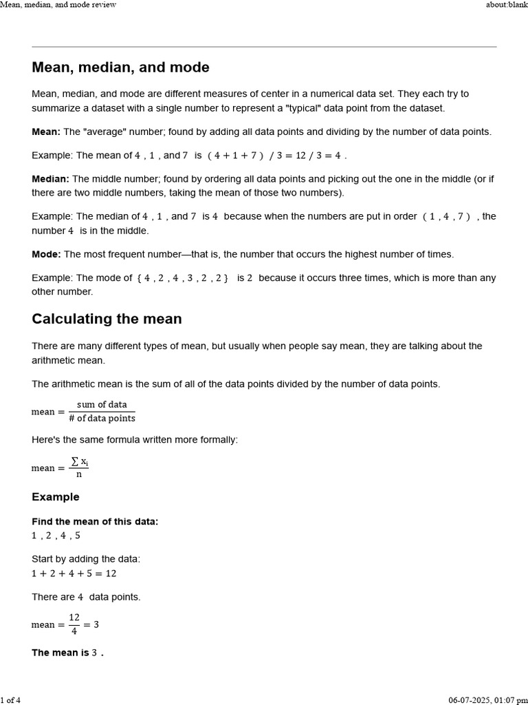 Understanding Mean, Median, Mode | PDF | Arithmetic Mean | Mean