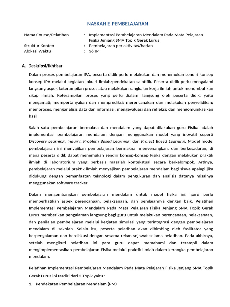 Naskah E-Pembelajaran PM Fisika SMA Gerak Lurus INSO | PDF