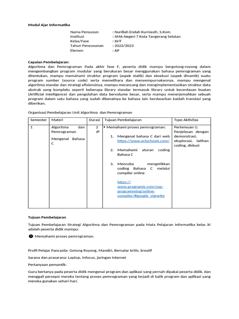 Modul Ajar Algoritma Pemrograman XI | PDF