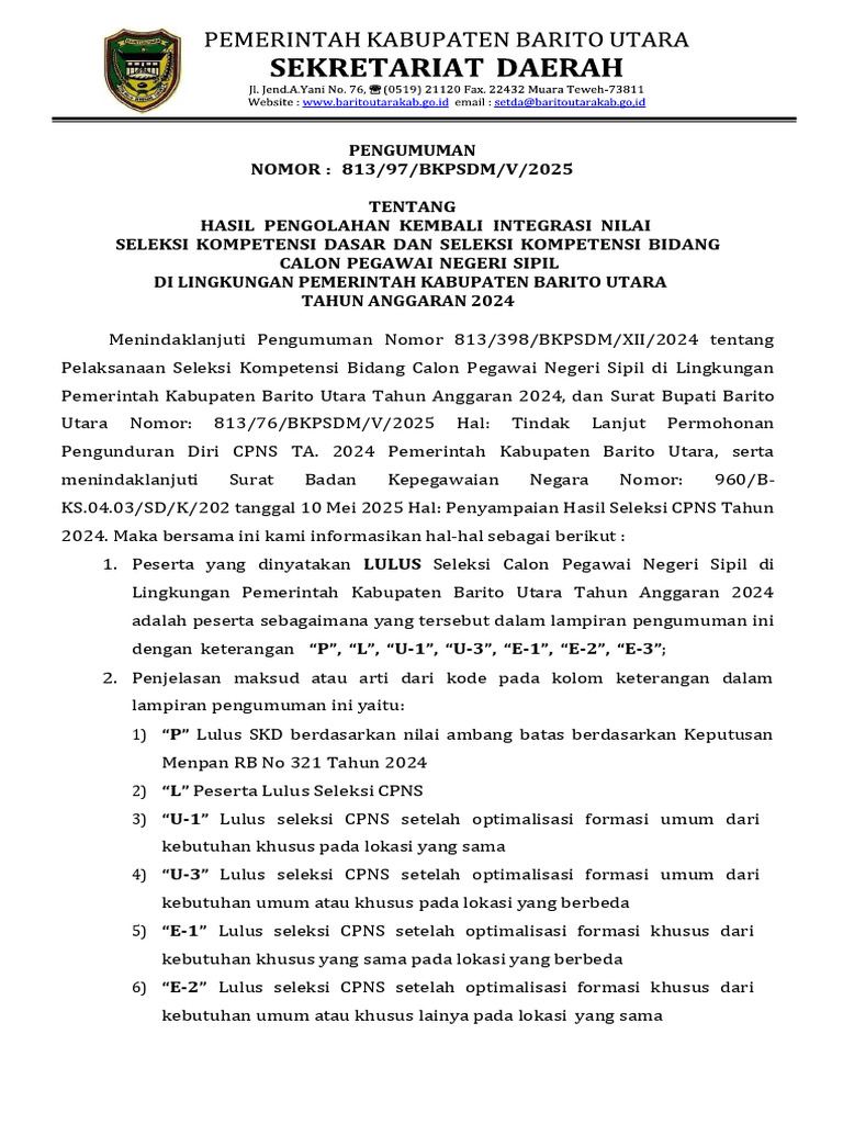 Pengumuman Hasil Pengolahan Kembali Integrasi Nilai SKD Dan SKB Cpns Pemkab Barut Ta 2024 2 | PDF