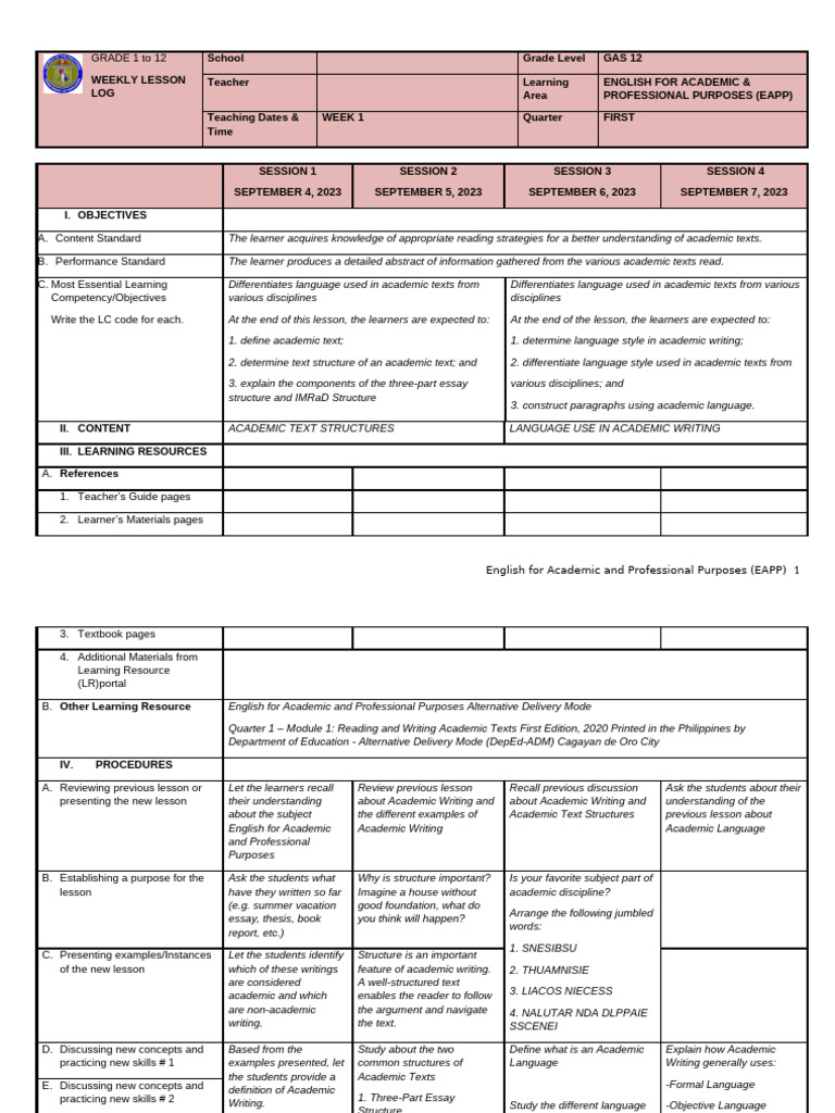 Weekly Lesson Log for EAPP Grade 12 | PDF | Learning | Teachers