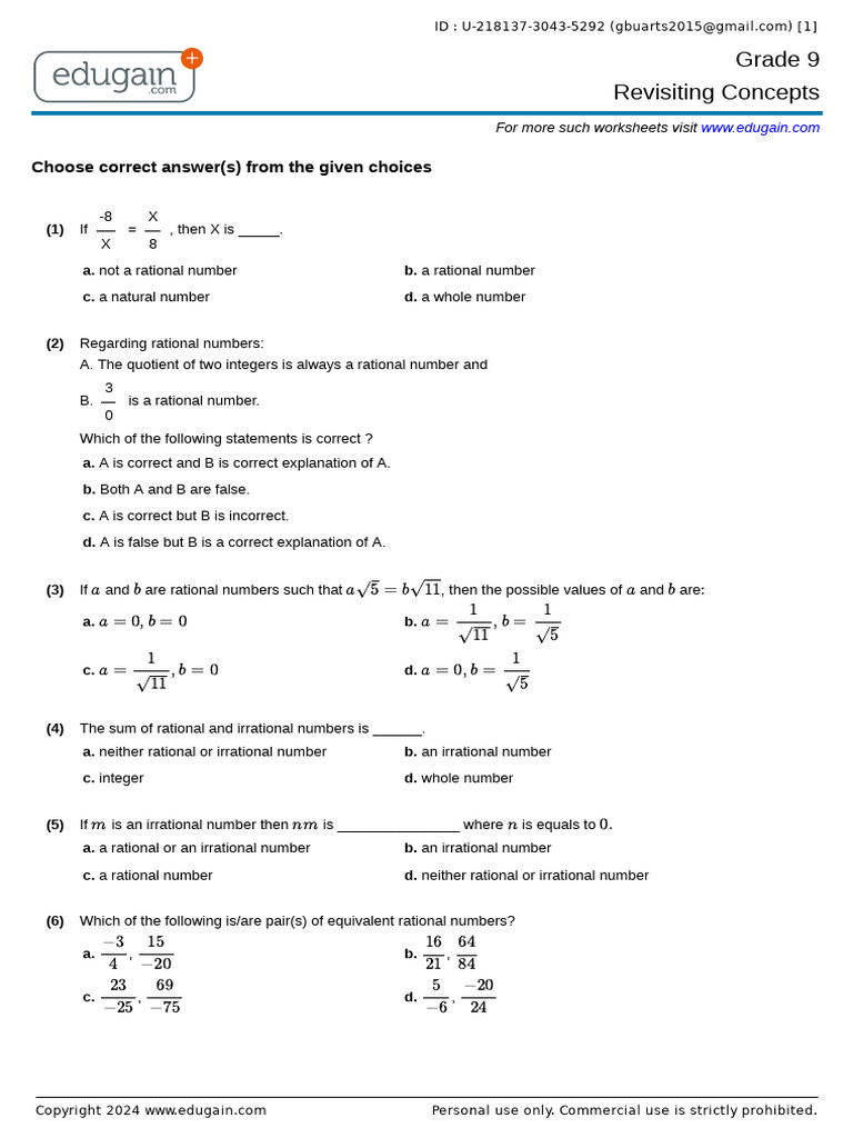 Grade 9 Rational Numbers Worksheet | PDF | Rational Number | Numbers