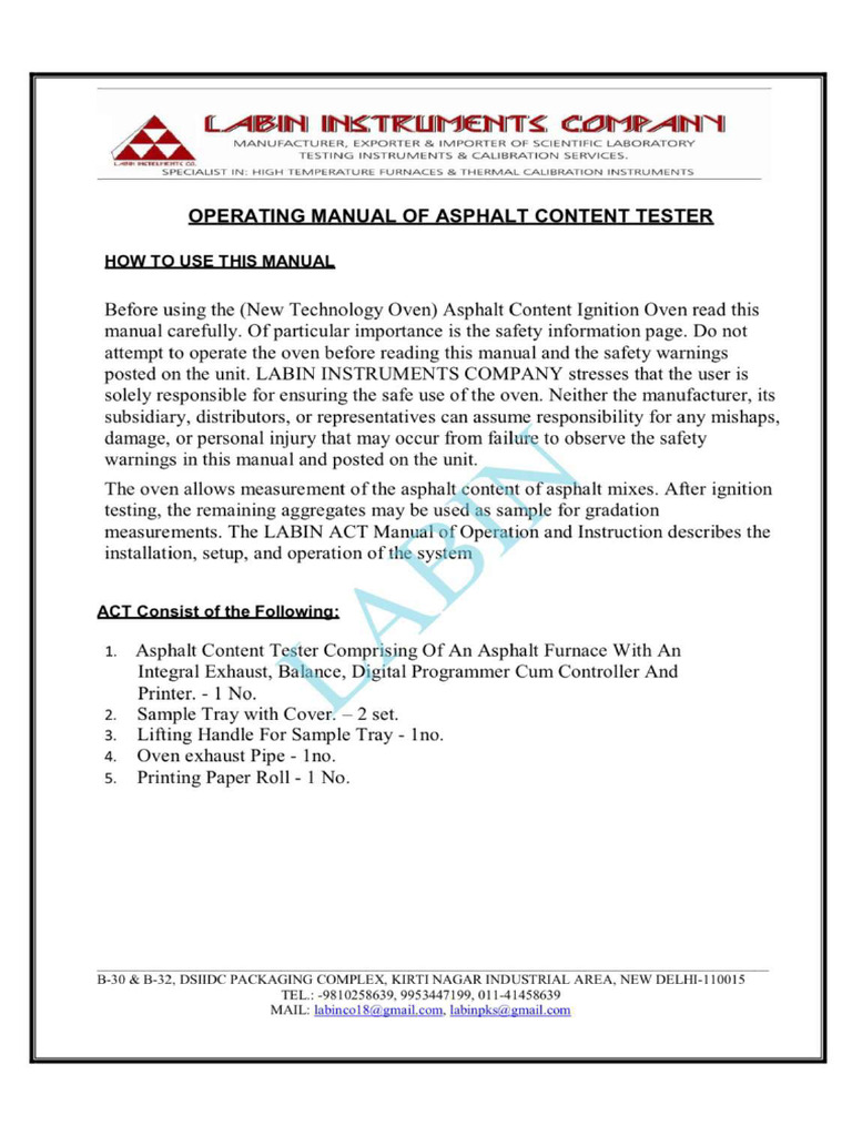 Asphalt Content Tester Operating Manual | PDF