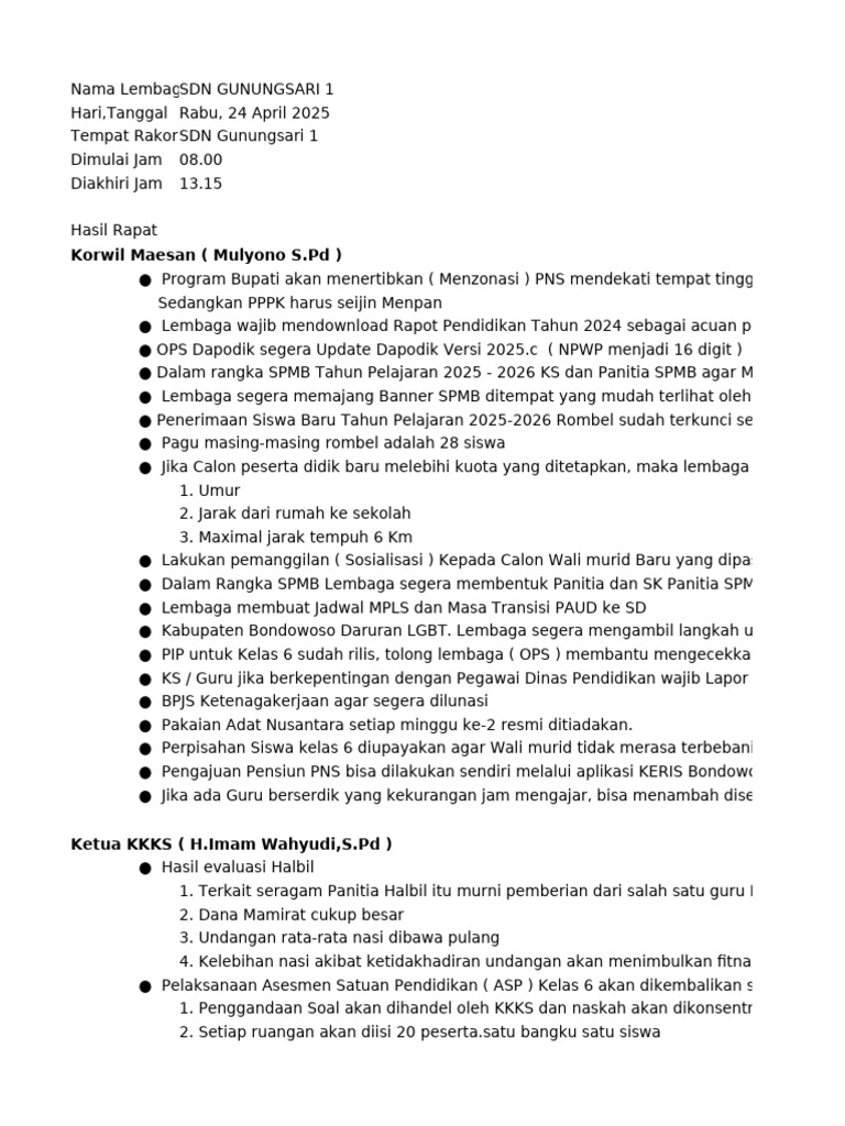 Notulen Rapat K3S SDN Gunungsari 1 | PDF